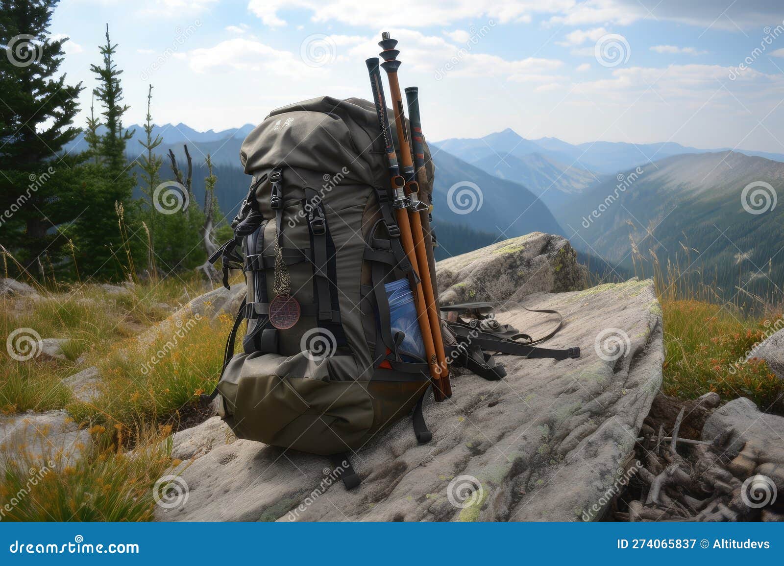 Hiking Backpack with Trekking Poles and Bear Spray in the Foreground ...