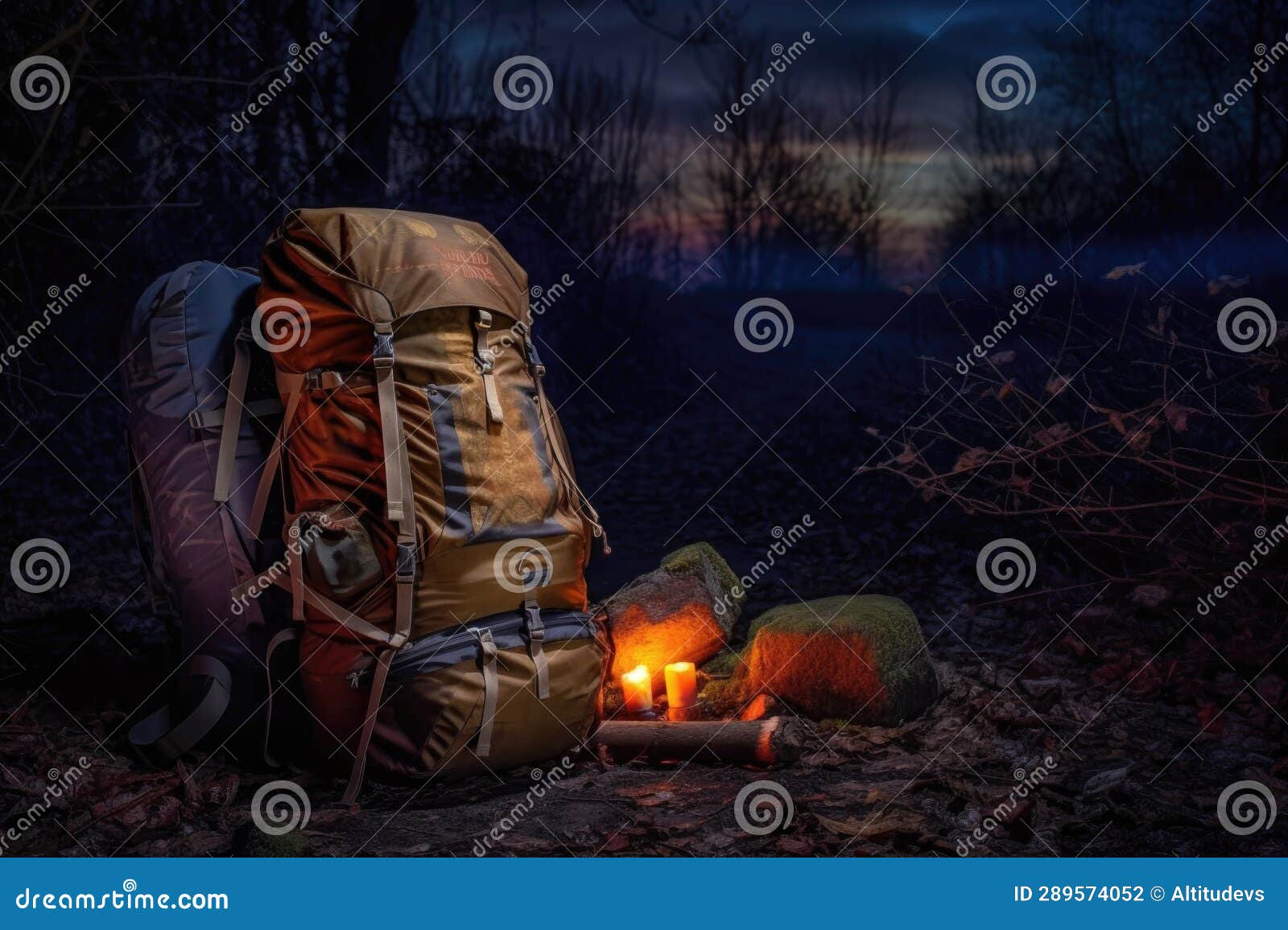Hiking Backpack beside a Warm Campfire at Night Stock Photo - Image of ...