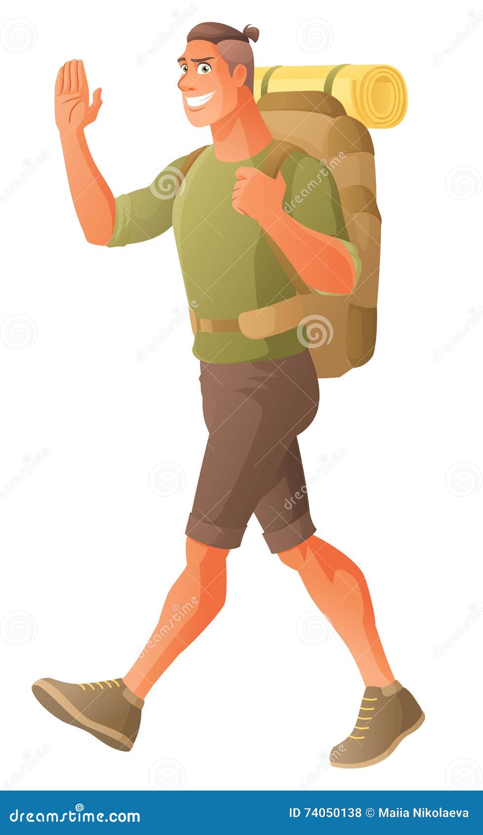 Hiking Backpacker Waving Hand. Cartoon Vector Illustration On White ...