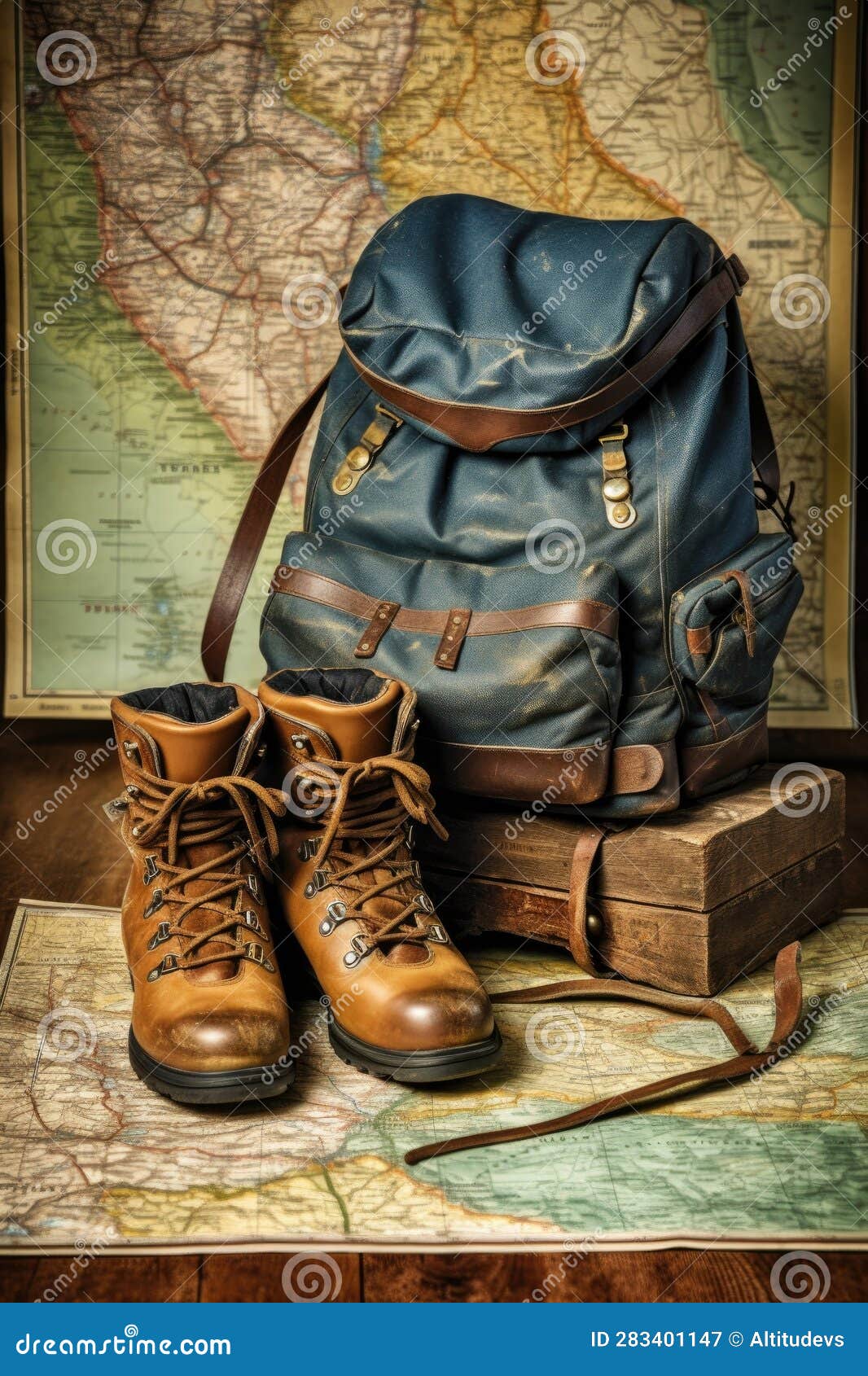 Hiking Boots, Backpack, and Map on Trail Stock Illustration ...