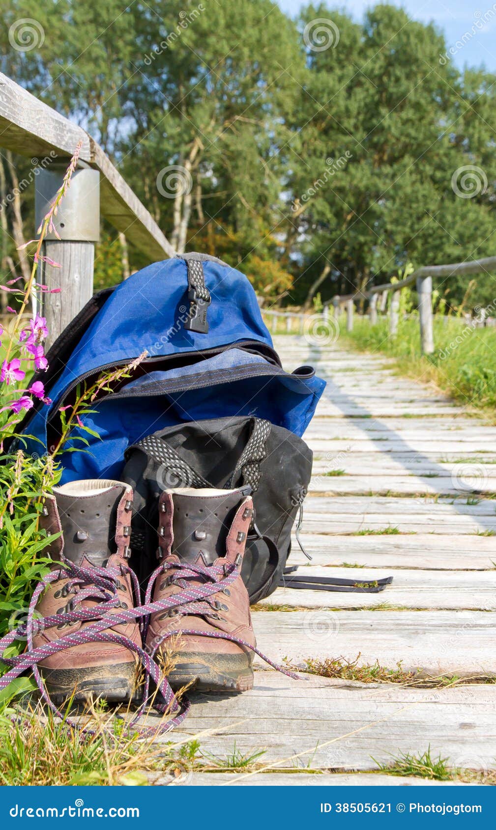 Hiking Boots and Backpack on a Way Stock Image - Image of boots ...