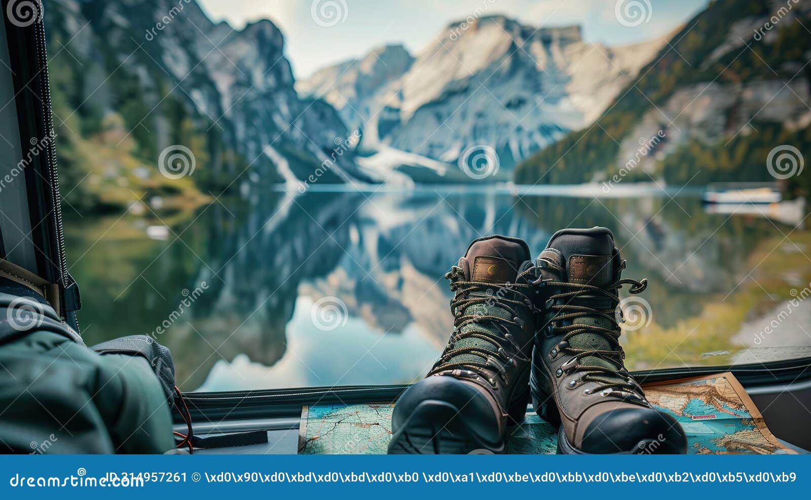 Hiking Boots Map on the Background of Nature Mountains Stock ...