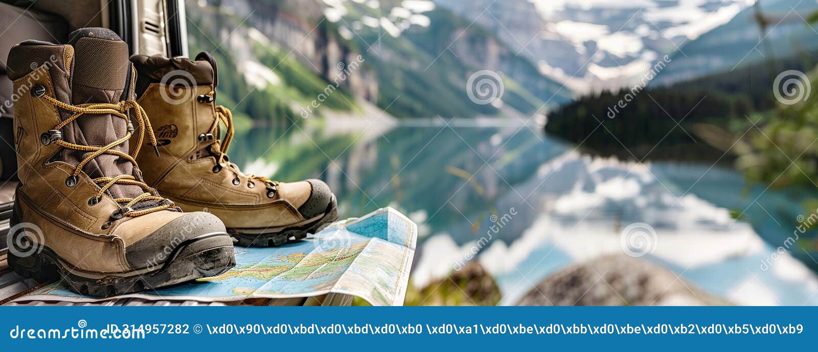 Hiking Boots Map on the Background of Nature Mountains Stock ...