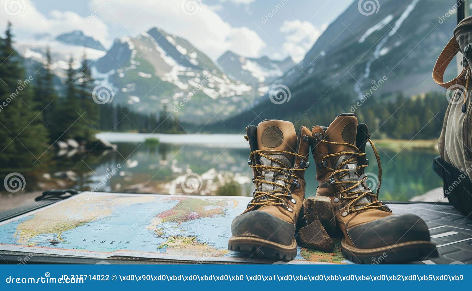 Hiking Boots Map on the Background of Nature Mountains Stock ...