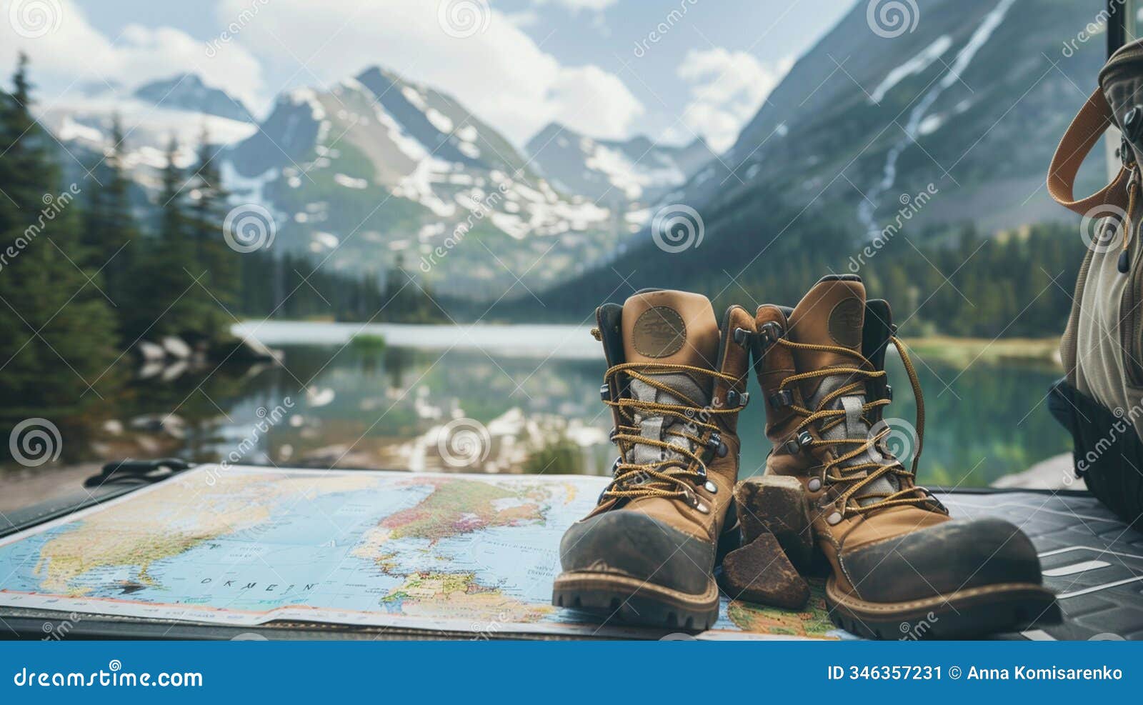 Hiking Boots Map on the Background of Nature Mountains Stock Image ...