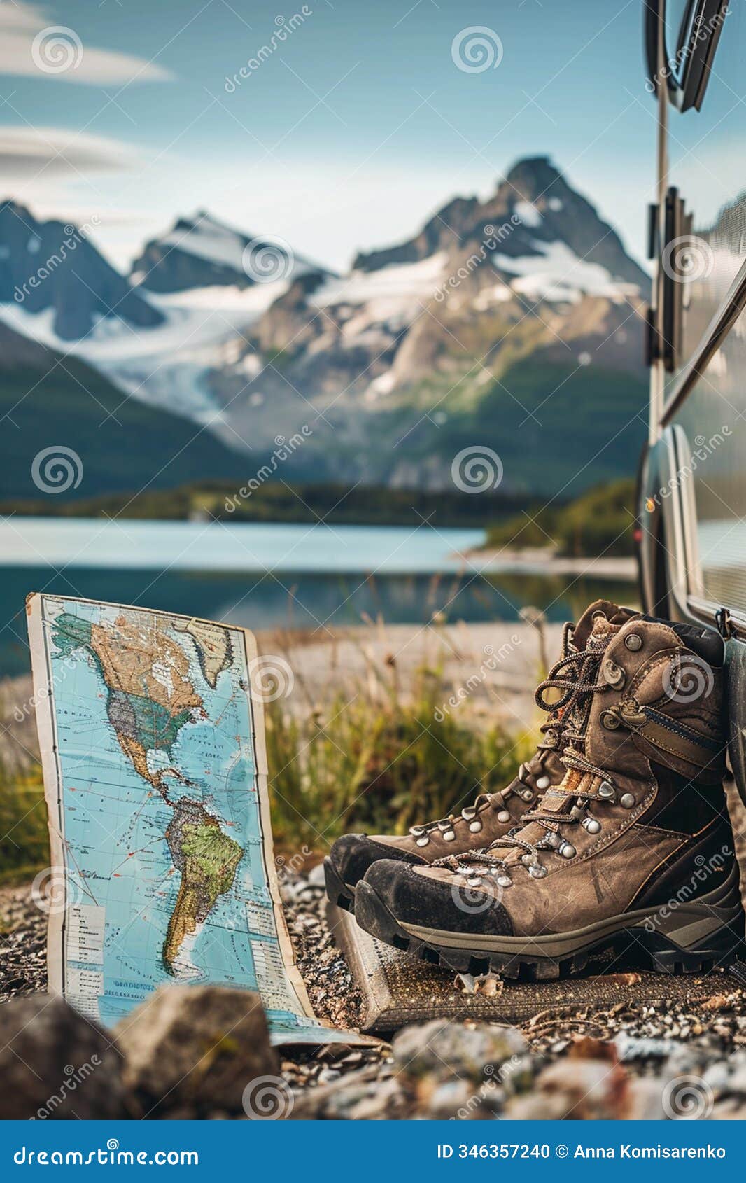 Hiking Boots Map on the Background of Nature Mountains Stock Photo ...