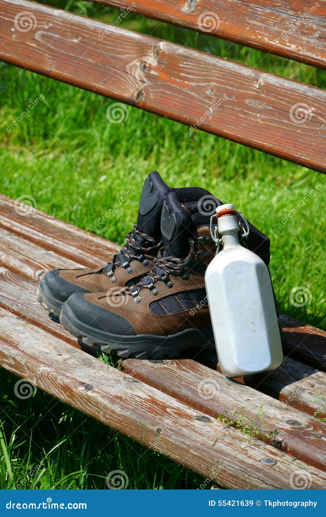 Hiking Boots on a Seat Bench Stock Image - Image of vacation, bench ...