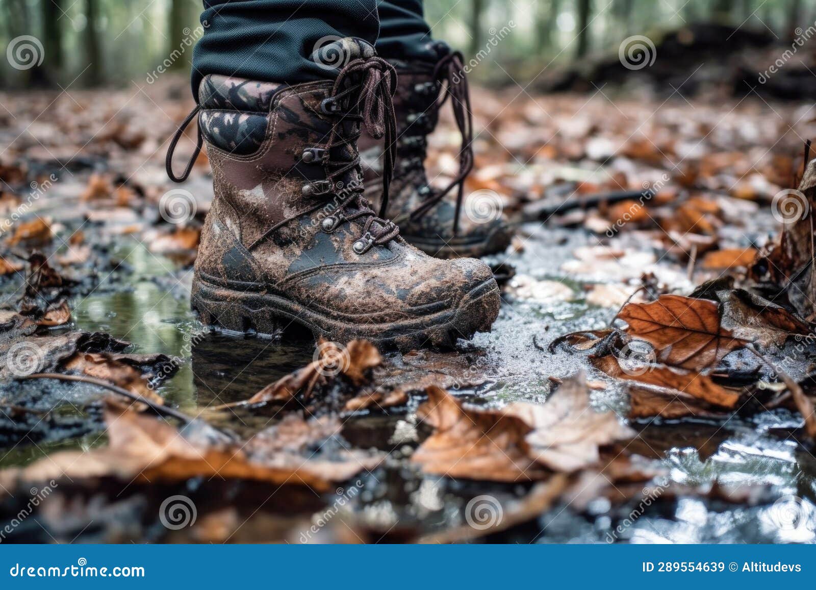 Hiking Boots Stuck in Thick Mud, Leaves Around Stock Image - Image of ...