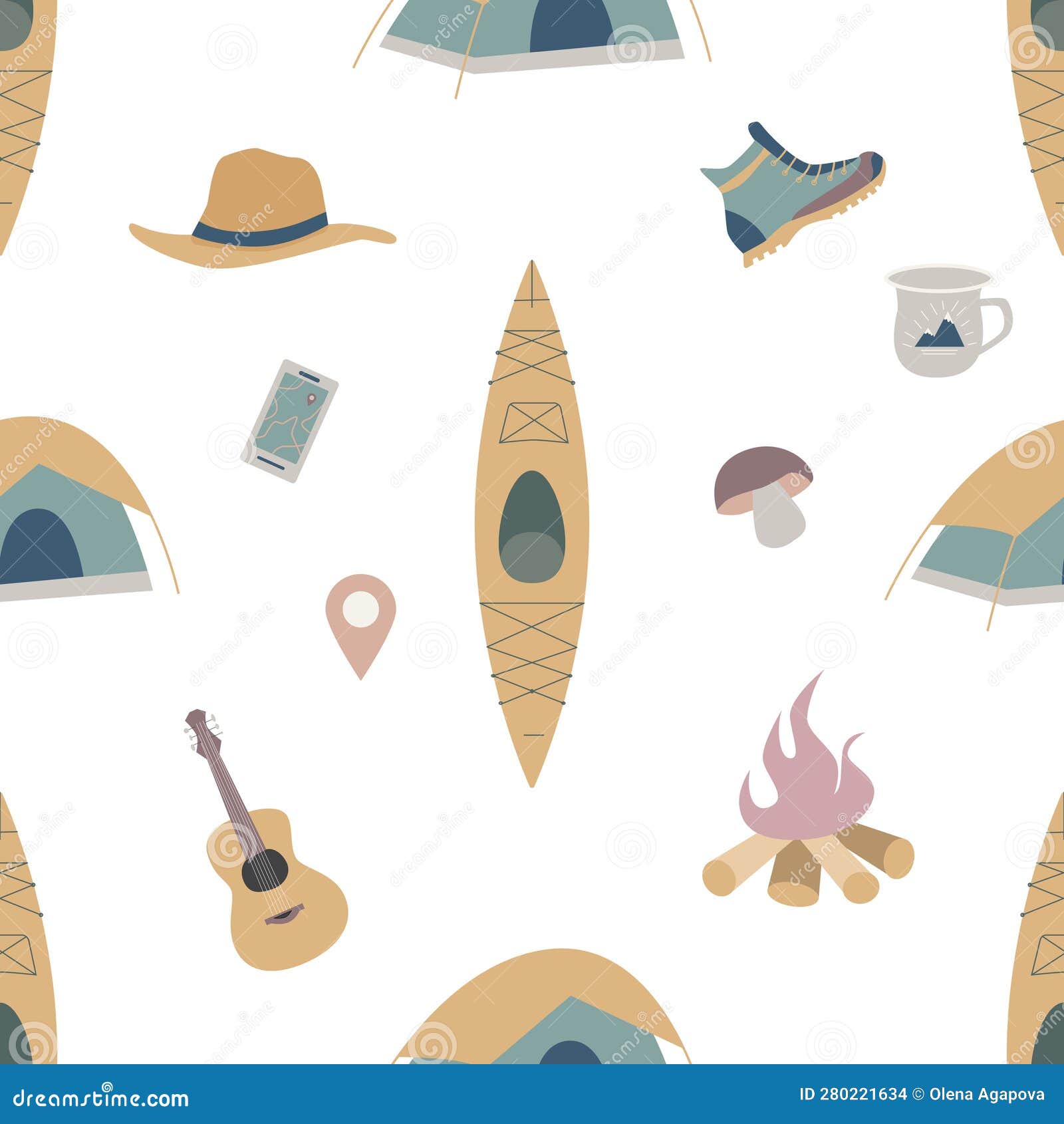 Hiking and Camping Seamless Pattern with Travel Elements. Seamless ...