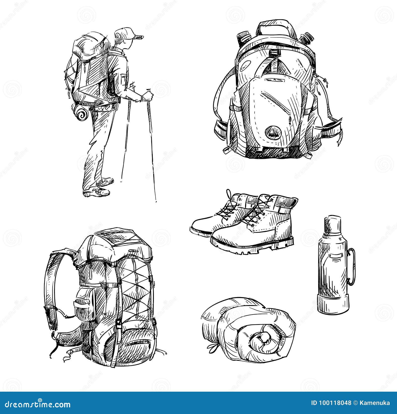 Hiking and Camping. Set of Drawings Stock Vector - Illustration of pole ...