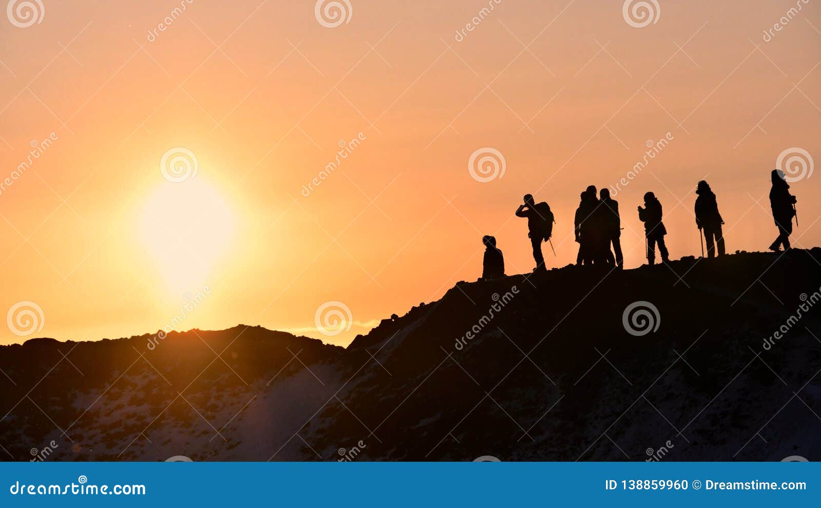 Hiking ends at the sunset stock photo. Image of mountains - 138859960