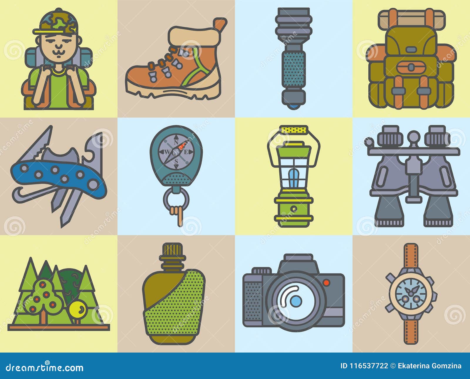 Hiking Equipment and Forest Leasure Vector Icon Set. Mountain Hiking ...