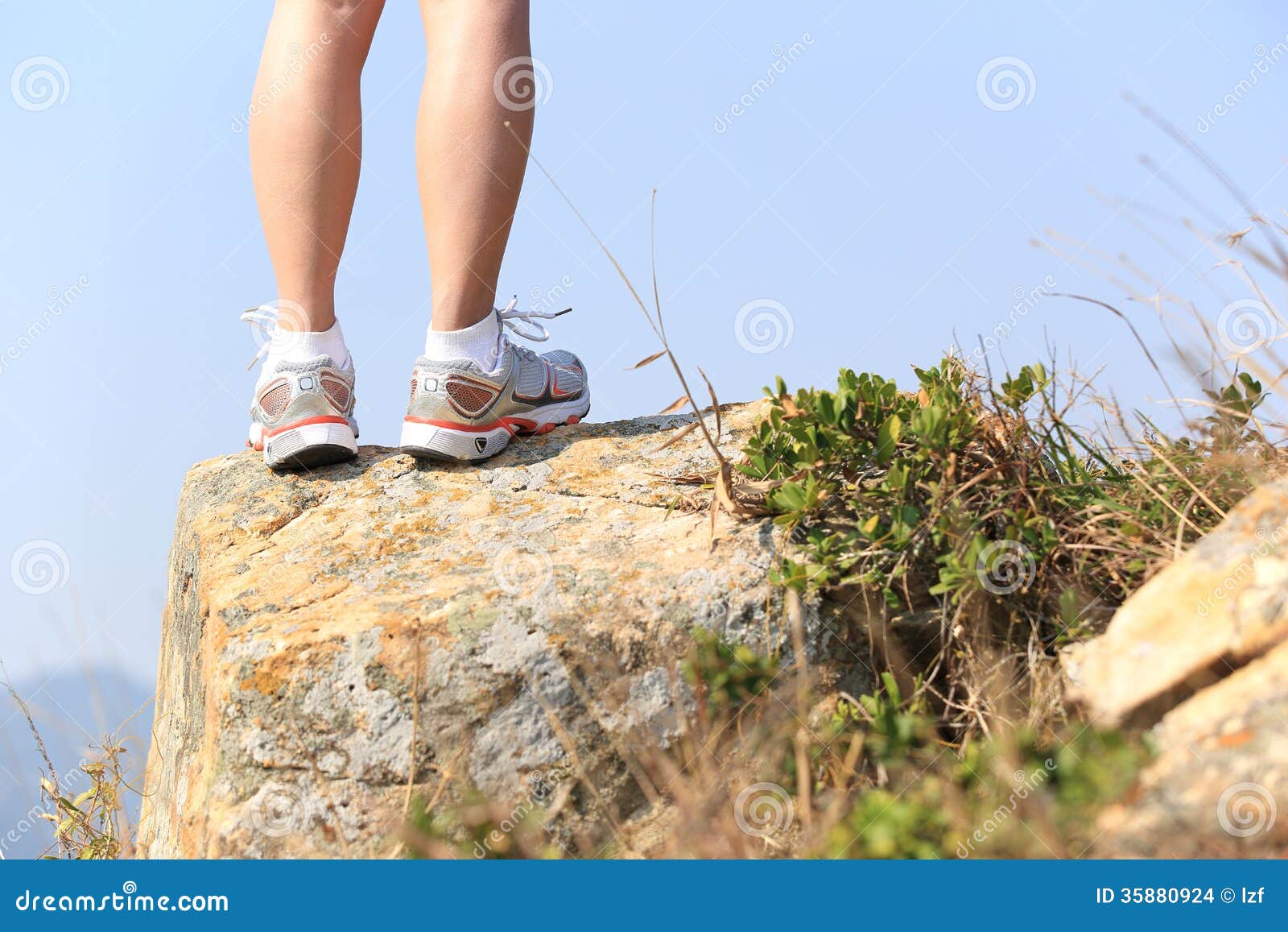 Hiking Feet Stand Seaside Rock Stock Photo - Image of female, person ...