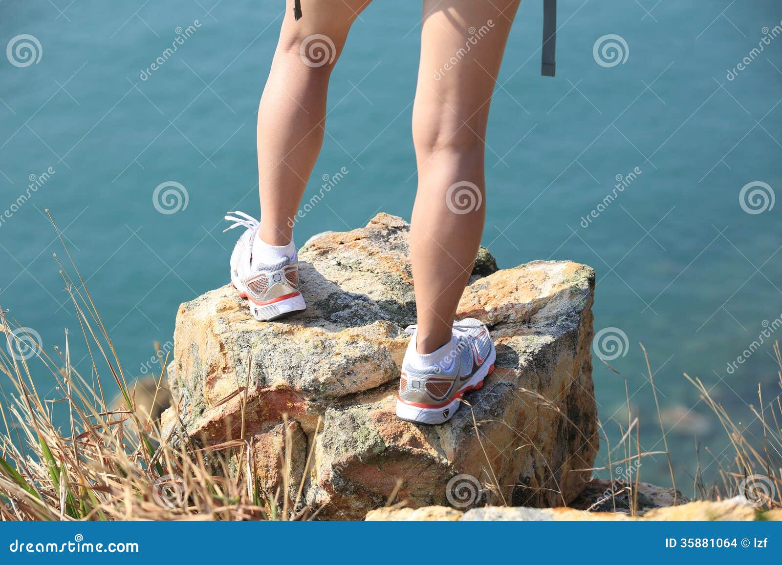 Hiking Feet Stand Seaside Rock Stock Photo - Image of scene ...