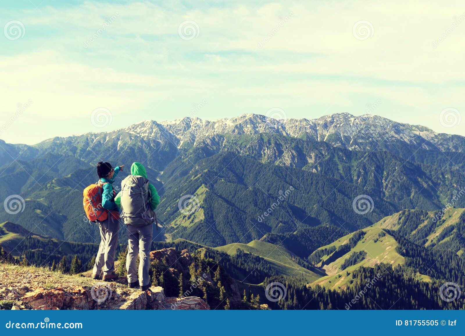 Hiking Friends Enjoy the View on Mountain Stock Image - Image of ...