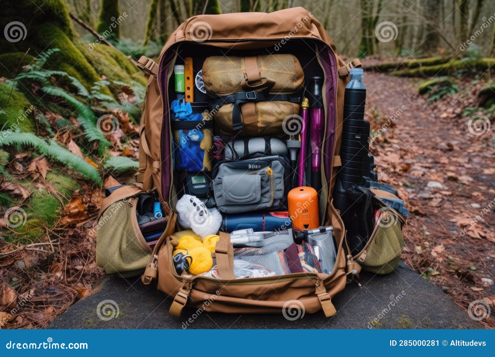 Hiking Gear Spread Around an Open Backpack Stock Illustration ...