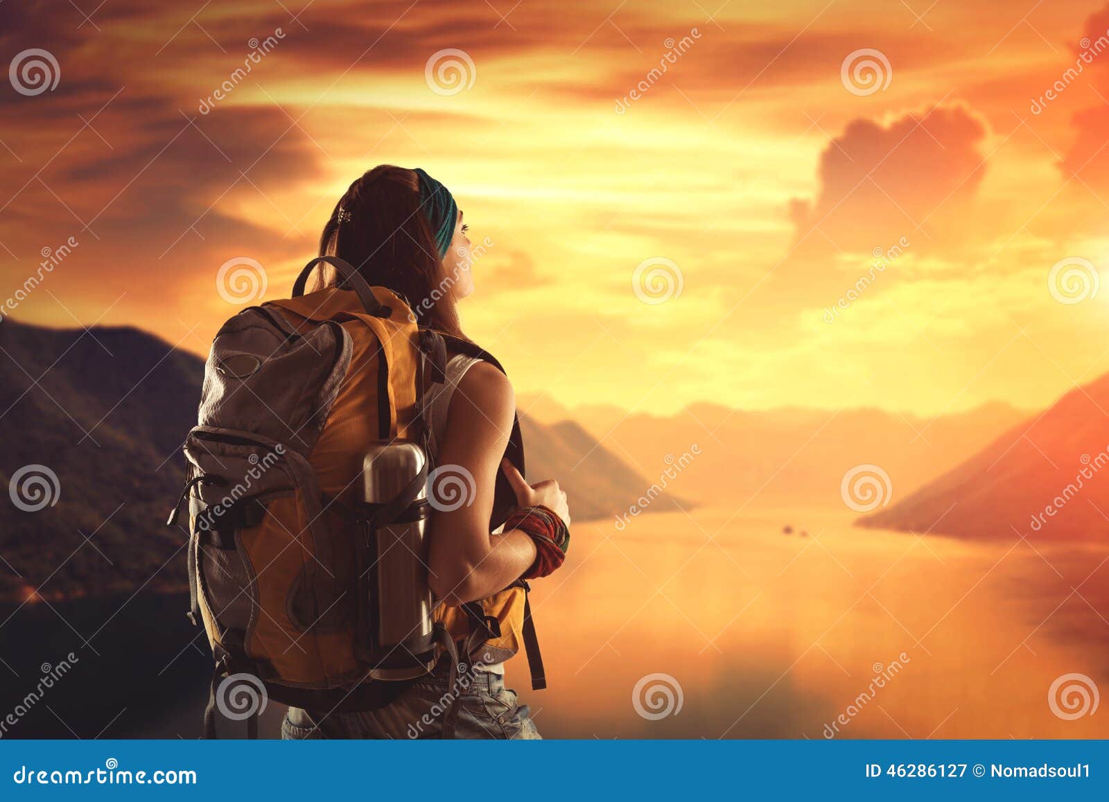 Hiking Girl with Backpack is Looking at Sunset Stock Image - Image of ...
