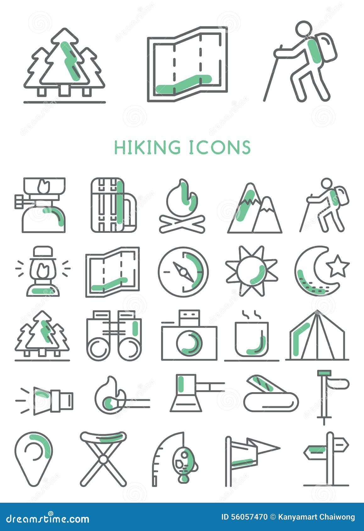 Hiking icons set stock vector. Illustration of person - 56057470