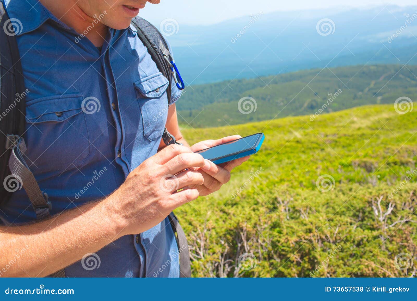 Hiking Man Checking Direction in Mountains. Stock Photo - Image of ...