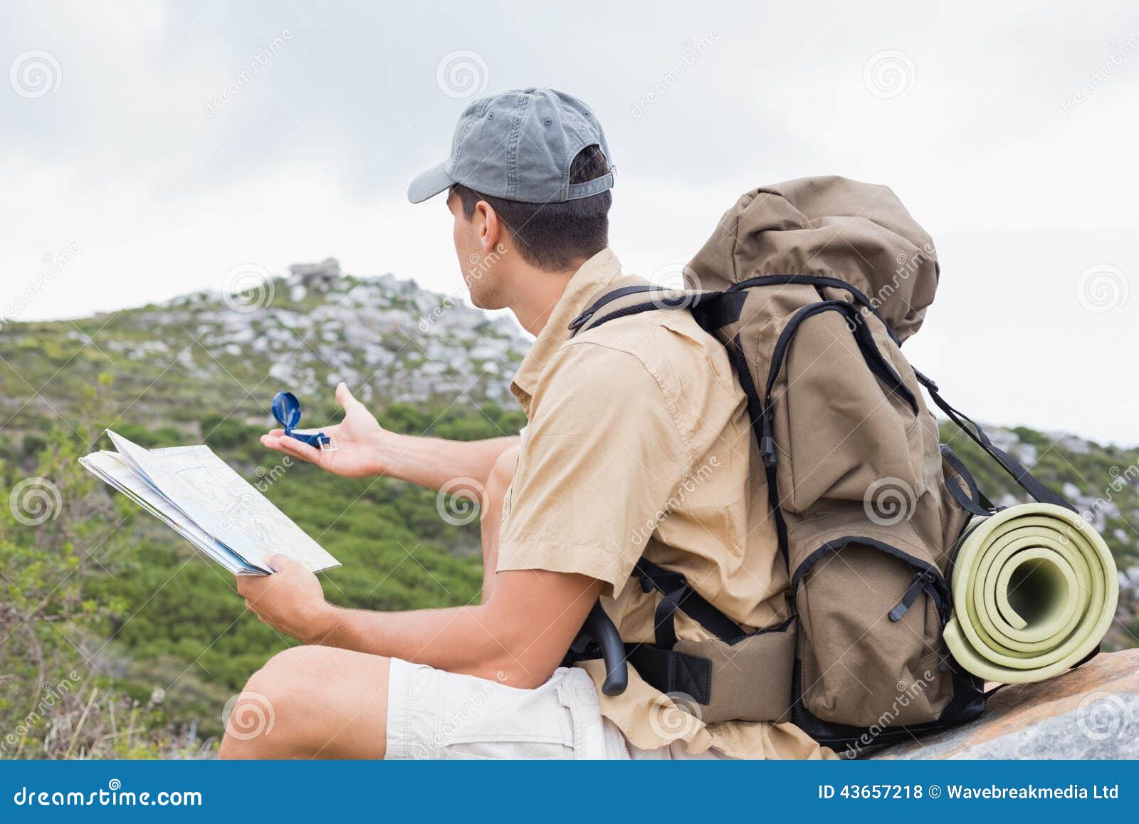 Hiking Man with Map on Mountain Terrain Stock Photo - Image of side ...