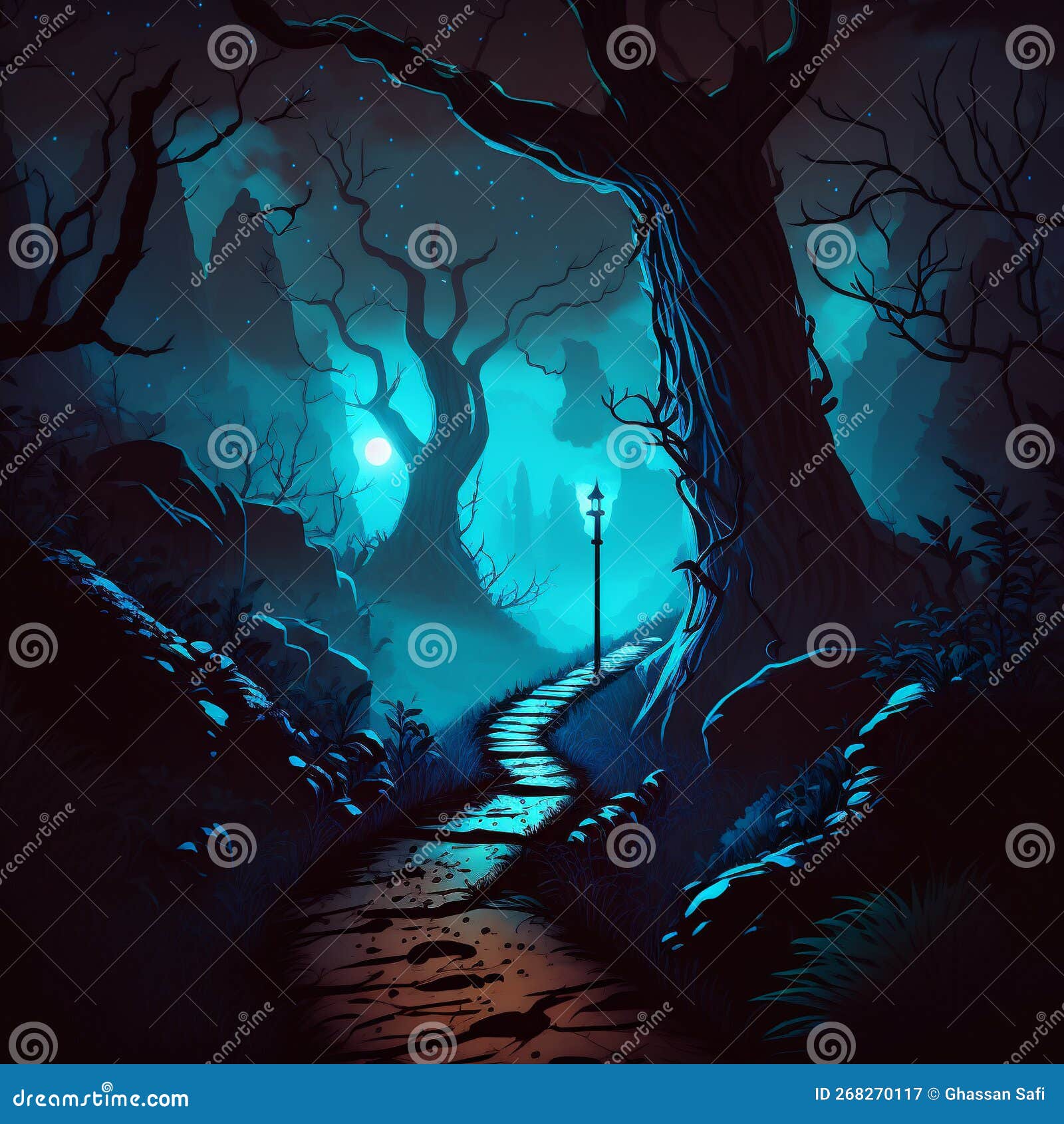 Hiking through a Moon Lit Path Stock Illustration - Illustration of ...