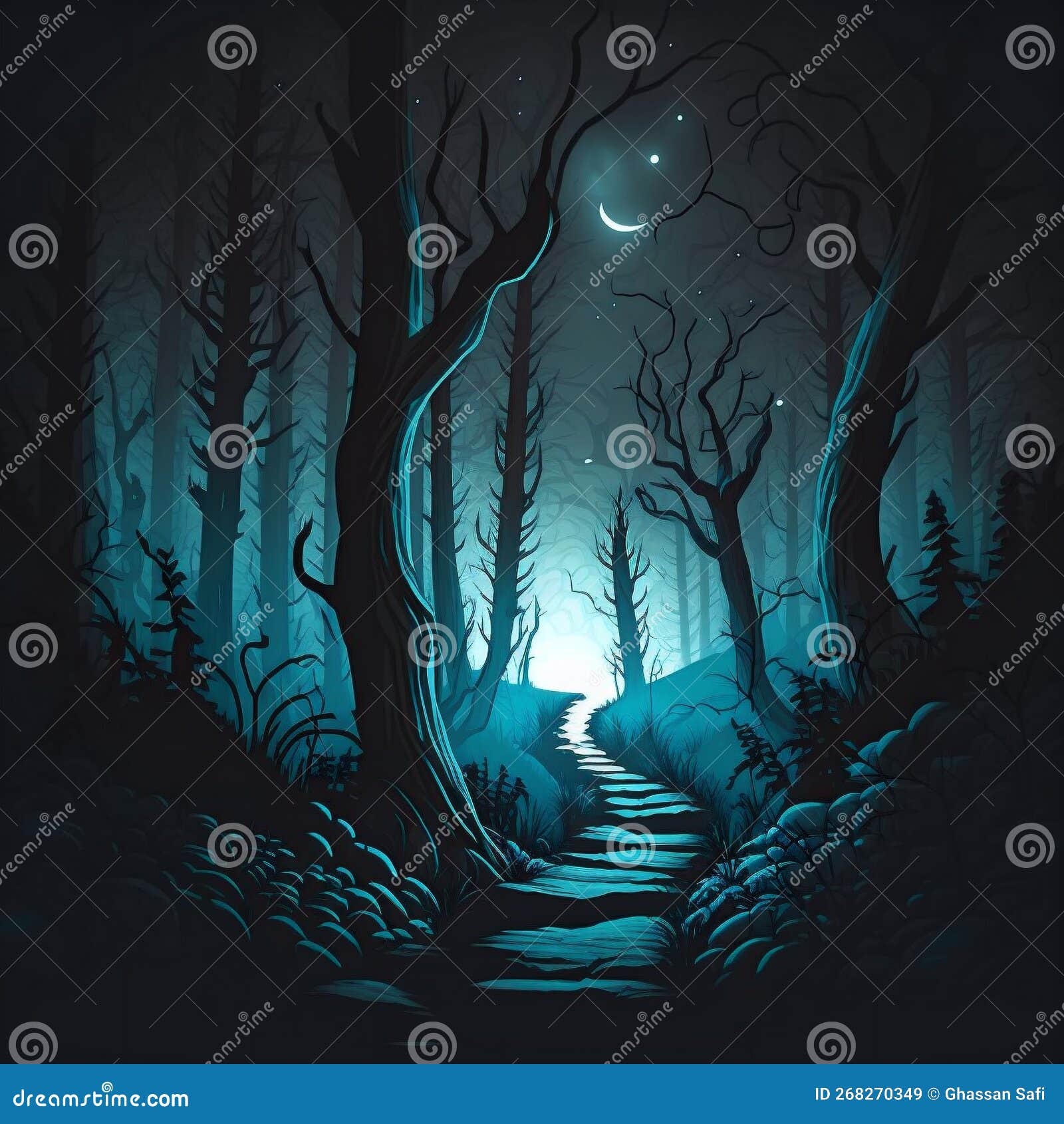 Hiking through a Moon Lit Path Stock Illustration - Illustration of ...