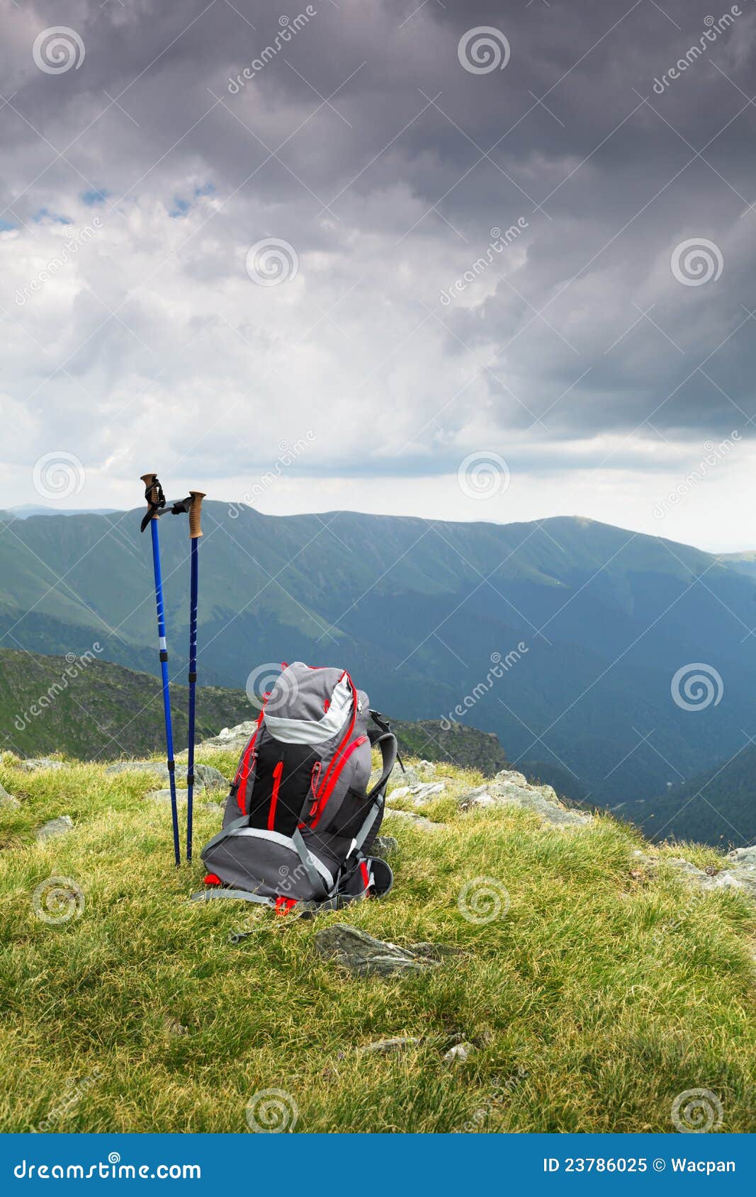 Hiking Pole and Backpack in Mountain Stock Image - Image of ...
