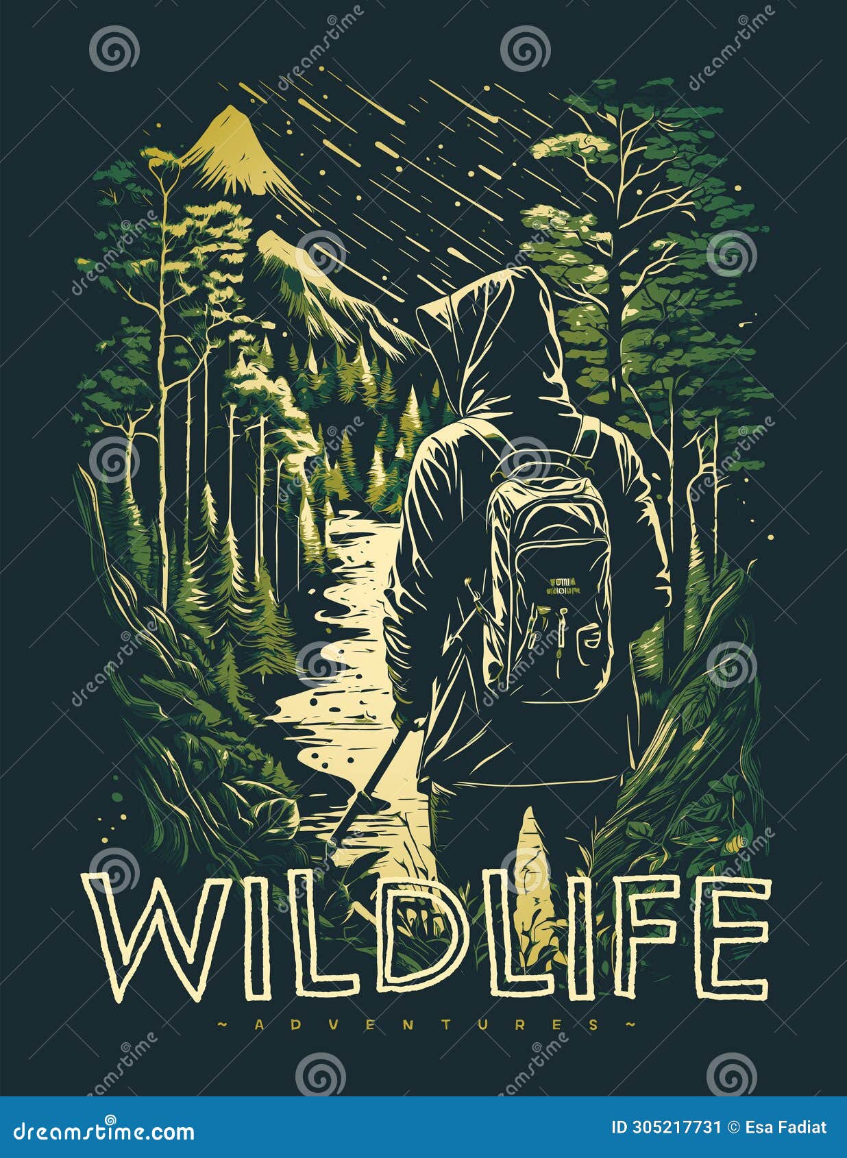 Hiking Poster with Hand Drawn Man and Forest. Vector Illustration Stock ...