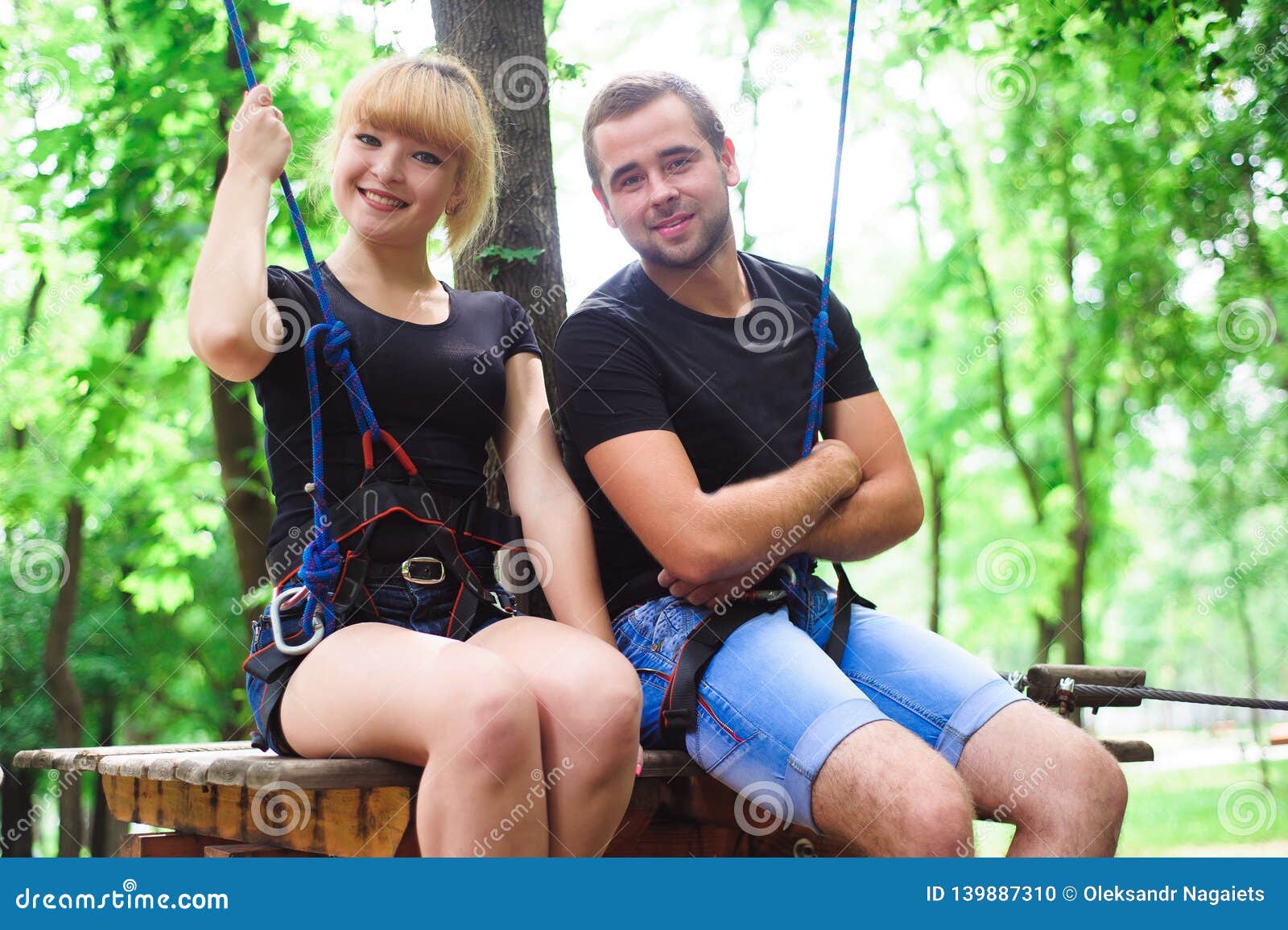 Hiking in the Rope Park Two Young People Stock Photo - Image of ...