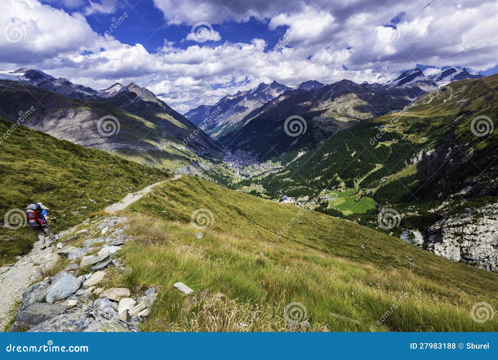 Hiking in the swiss alp stock photo. Image of river, cloud - 27983188