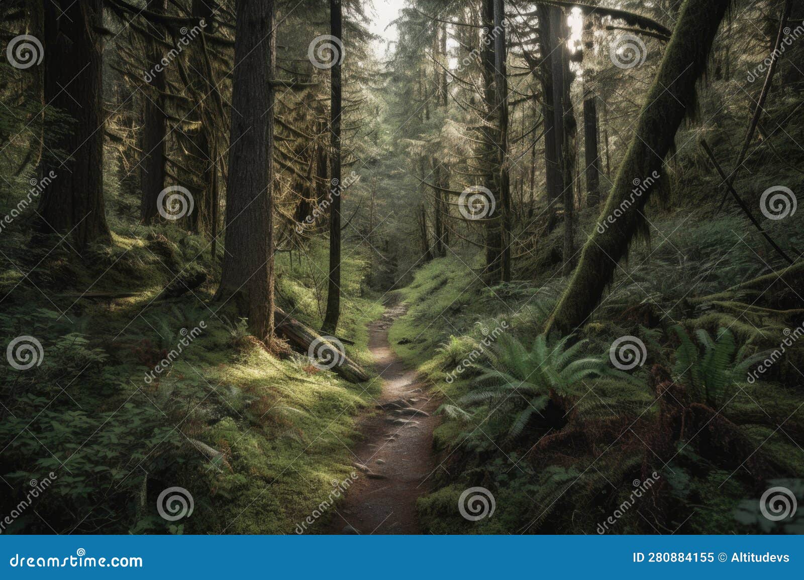Hiking Trail through Dense Forest, with Trees Towering Overhead Stock ...