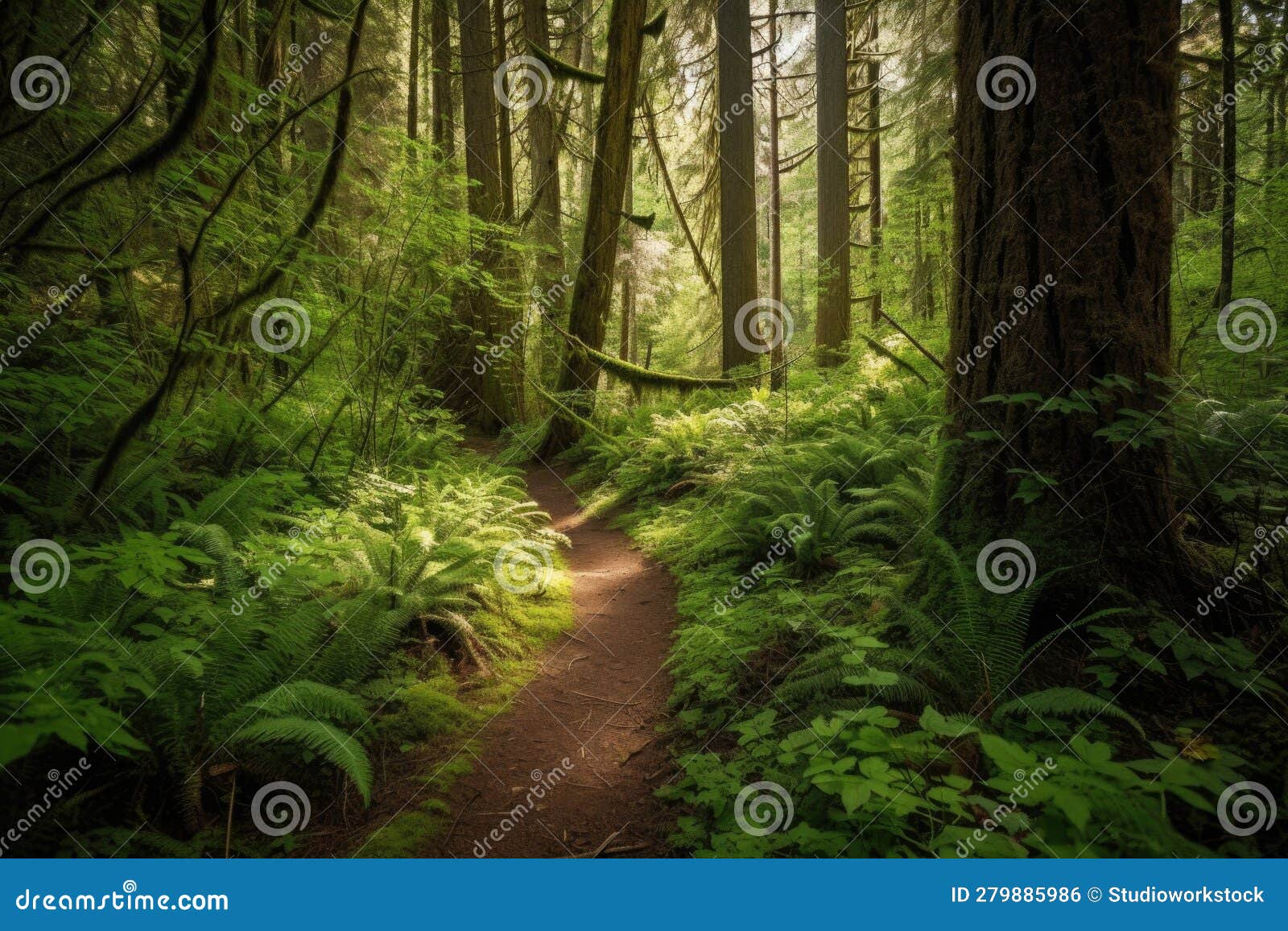 Hiking Trail through Lush, Green Forest with Tall Trees Stock Photo ...