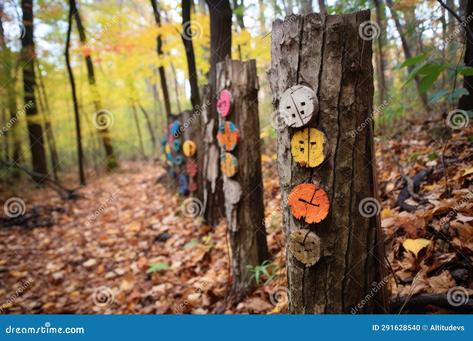 Hiking Trail Markers on Tree Trunks in Fall Stock Photo - Image of ...