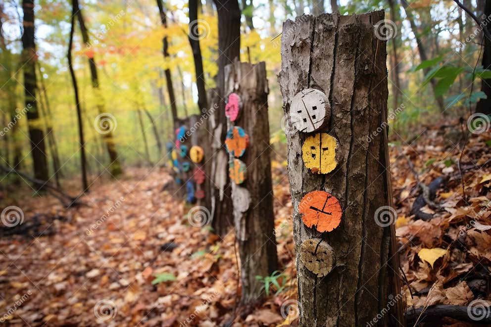 Hiking Trail Markers on Tree Trunks in Fall Stock Photo - Image of ...