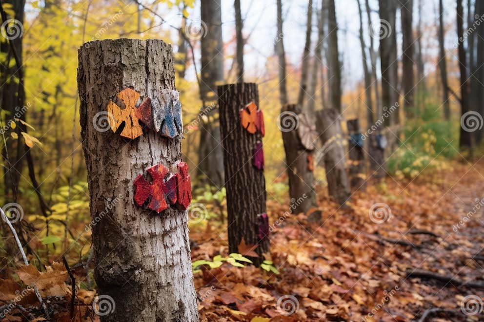 Hiking Trail Markers on Tree Trunks in Fall Stock Photo - Image of ...