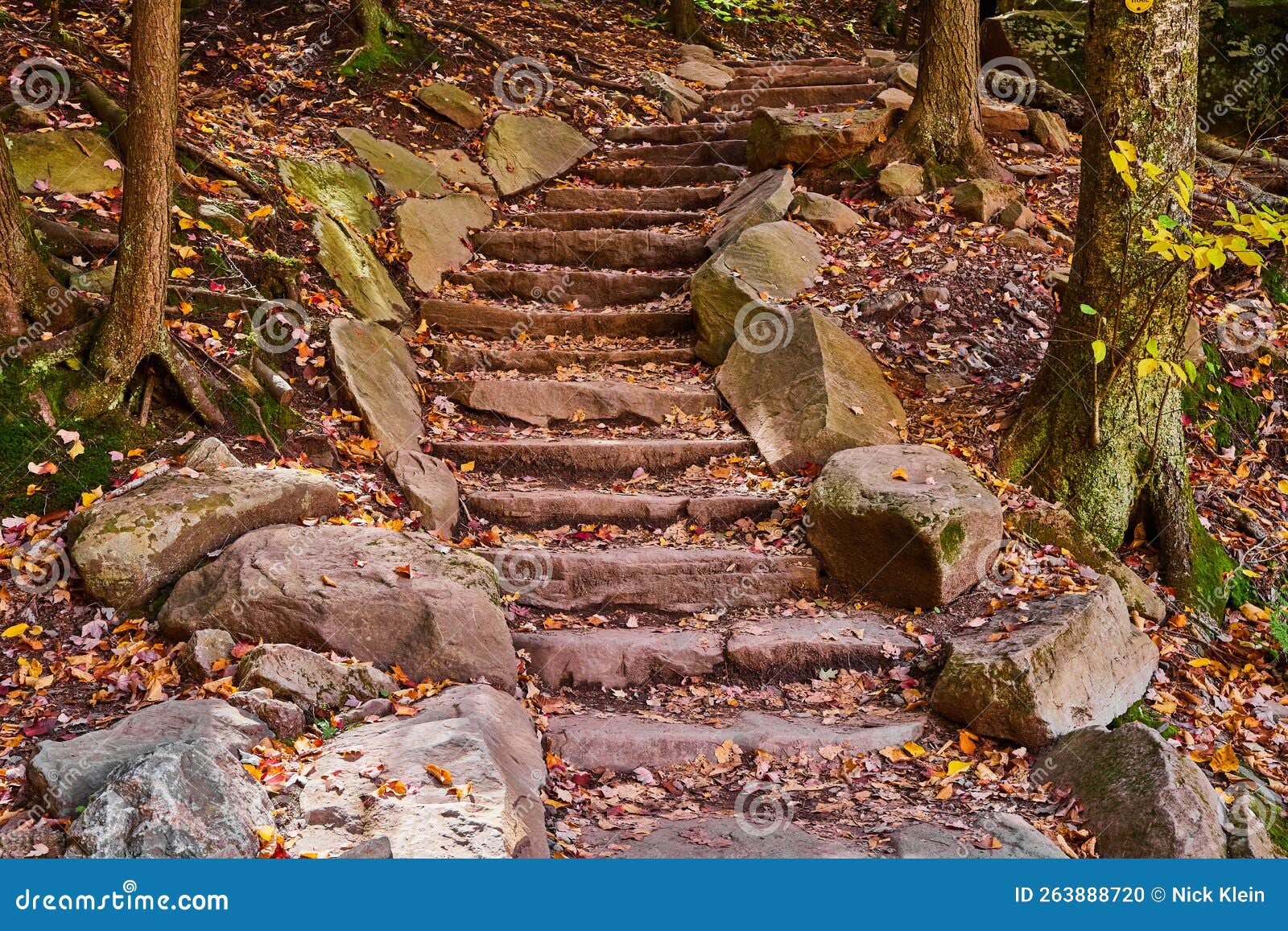 Hiking Trail Stone Staircase Line with Boulders Winds through Fall ...