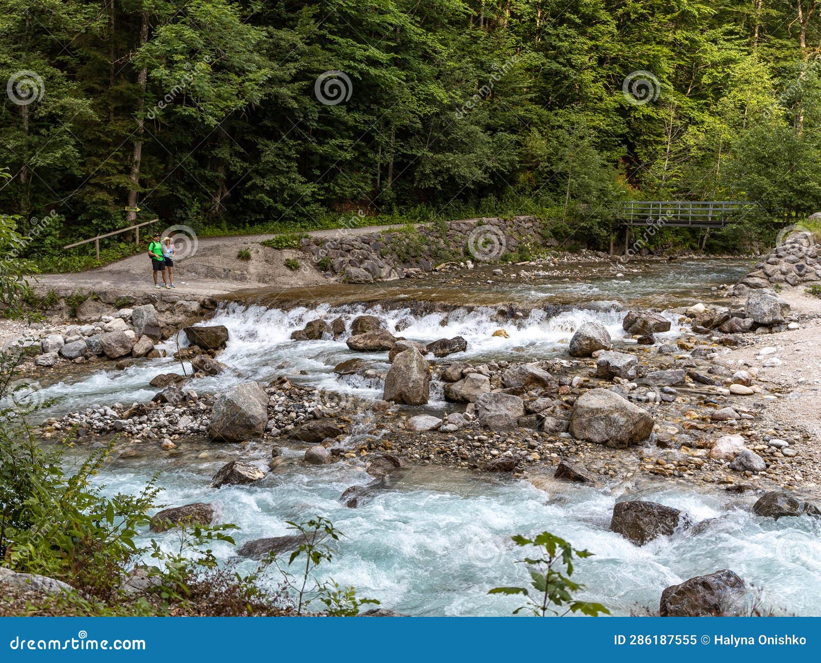 The Mountain River Flows Like a Waterfall through Rapids and Mountain Stones, Splashing Foam ...