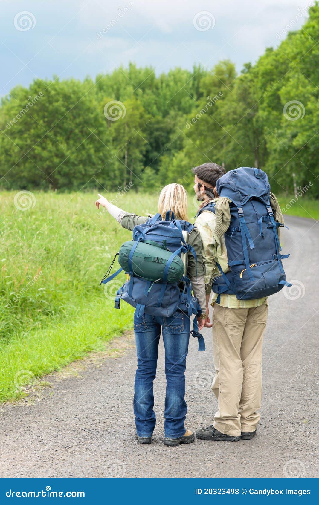 Hiking Young Couple Backpack Asphalt Stock Photo - Image of leisure ...