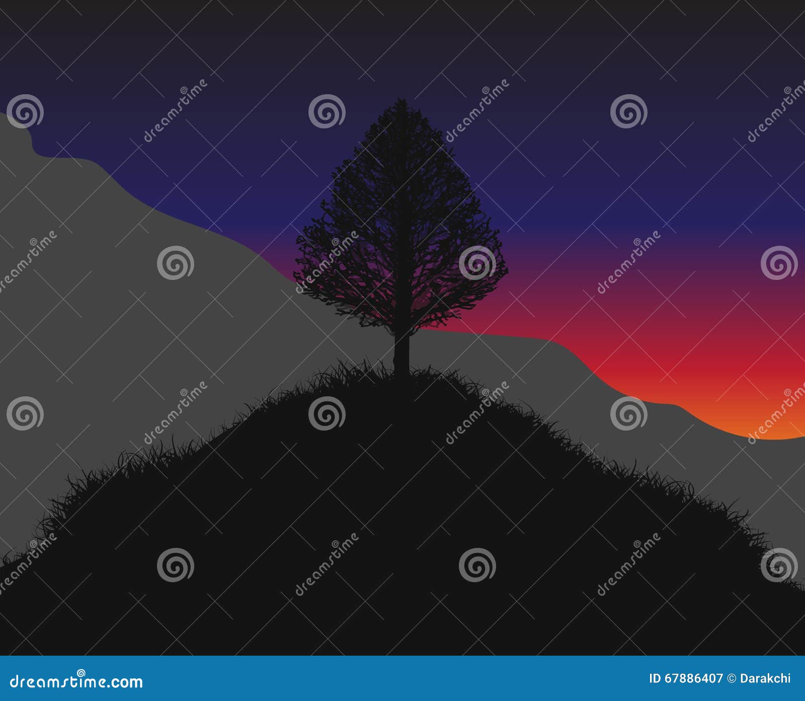 Hill with a Lonely Tree on the Top Stock Vector - Illustration of ...
