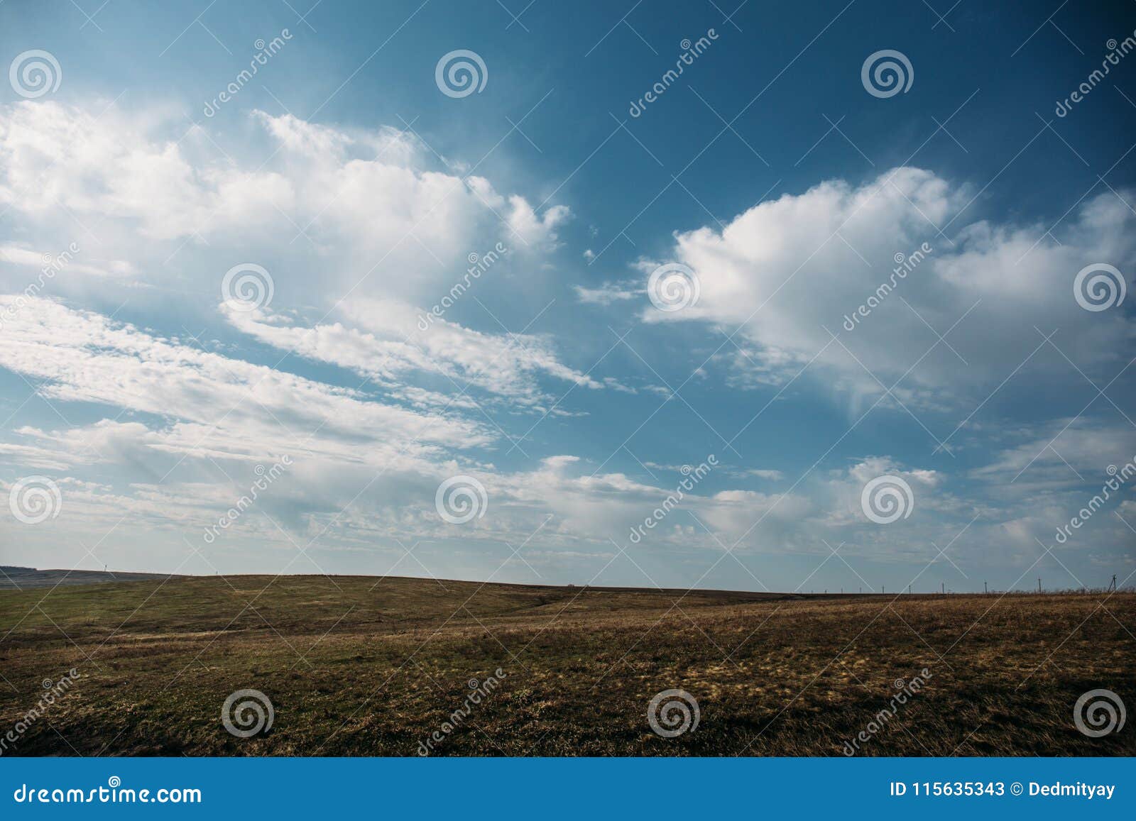 Hill and Plain Landscape, Field of Spring Grass and Dramatic Blue Sky ...
