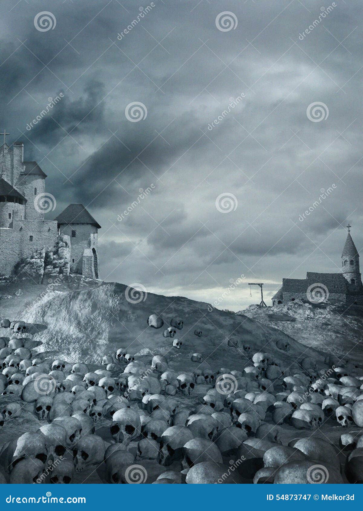 Hill with skulls stock illustration. Illustration of gallows - 54873747