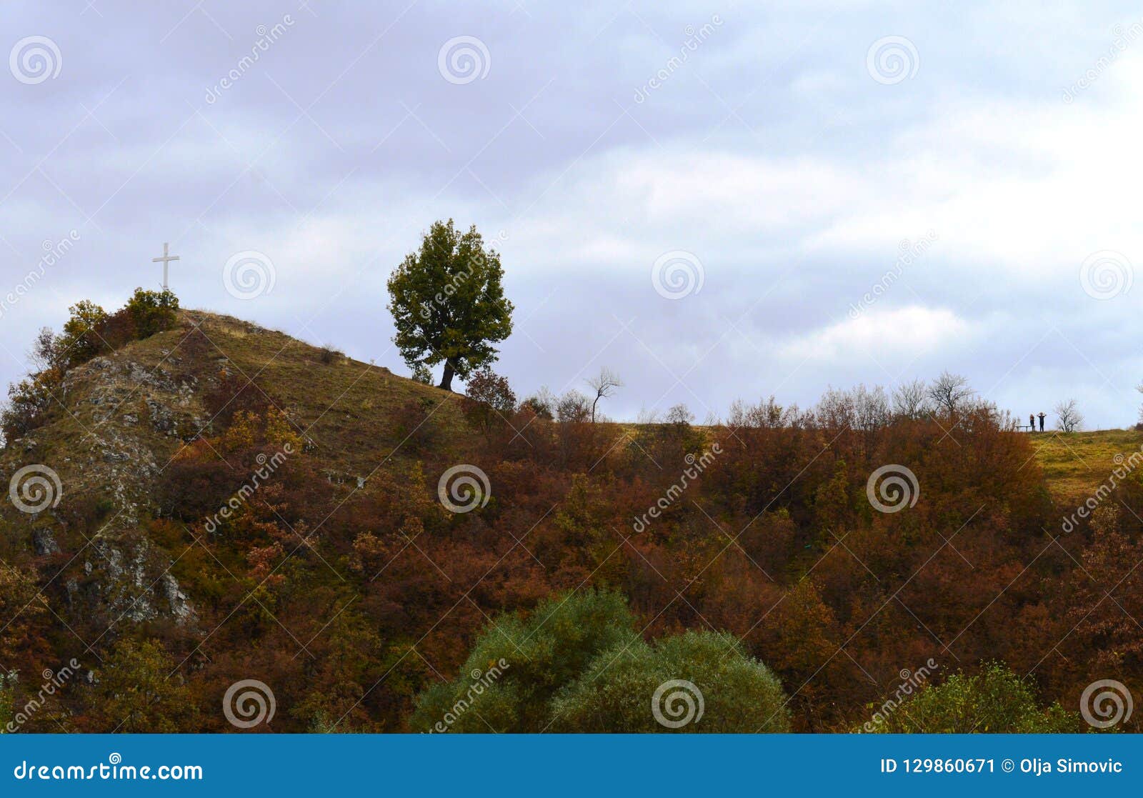 Hill, a tree and a cross stock image. Image of leafs - 129860671