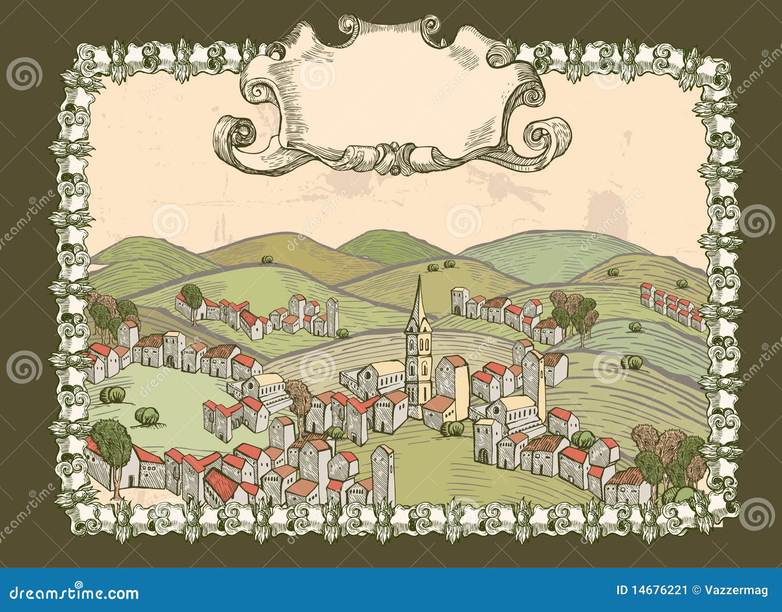 Hills and Town Vintage Ticket Stock Illustration - Illustration of hand ...