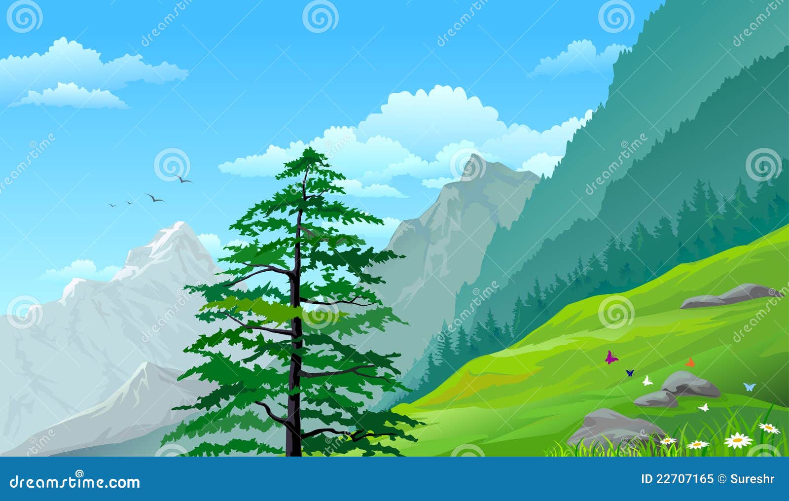 Hillside Pine Trees and Distant Mountains Stock Vector - Illustration ...