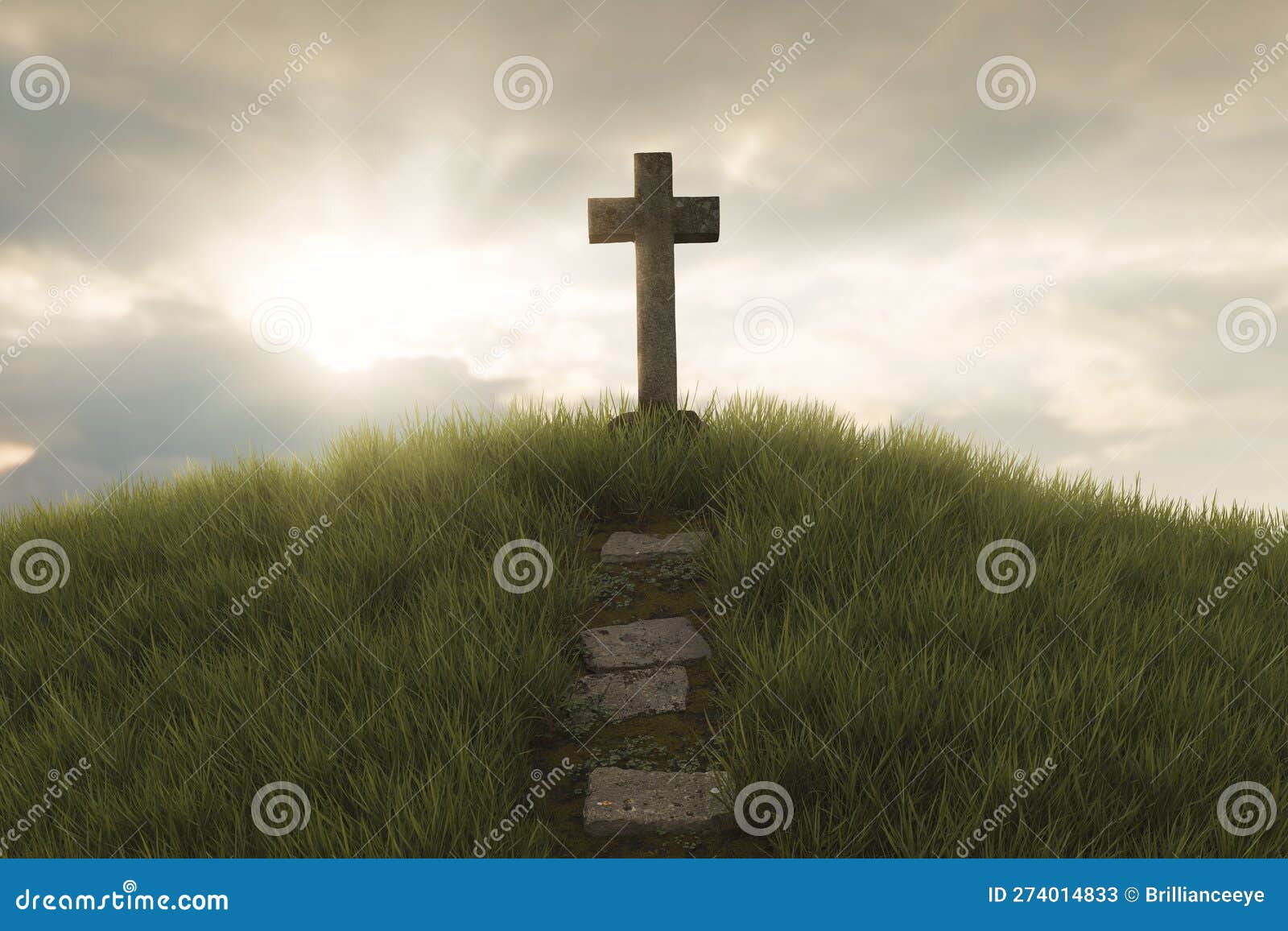 Hilly Grassland with Stairs To an Ancient Cross Monument Stock ...