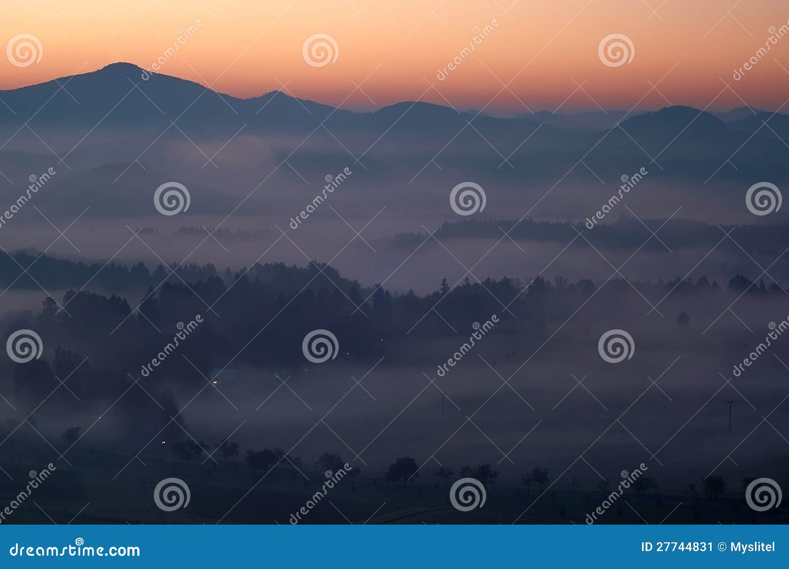 Hilly landscape with fog stock image. Image of dawn, foggy - 27744831