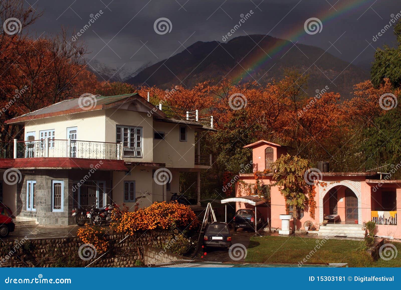Himalayan Cottage Homes Snow Rainbow India Stock Image - Image of fall ...