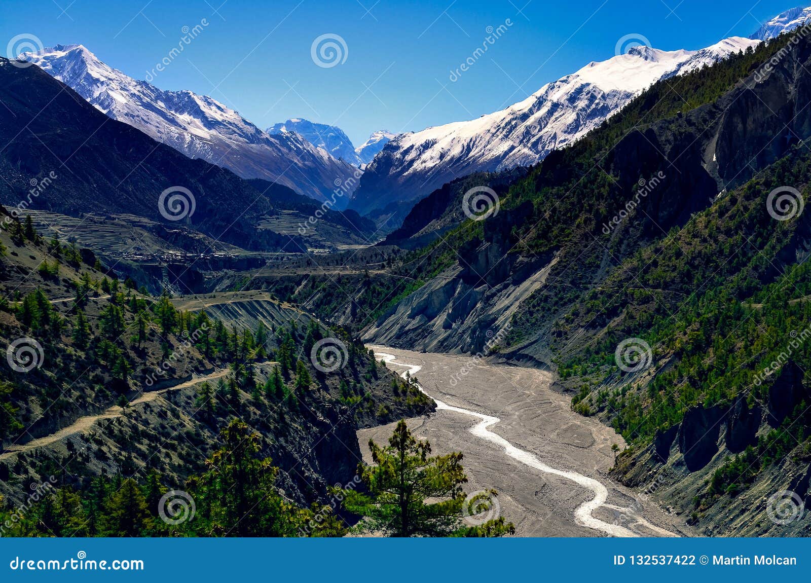 Himalayas Mountain River Valley with Peaks in Background Stock Photo ...