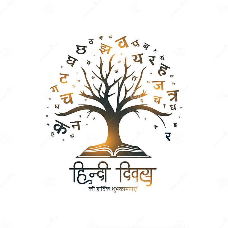Hindi Diwas Concept Tree with Open Book Stock Vector - Illustration of ...