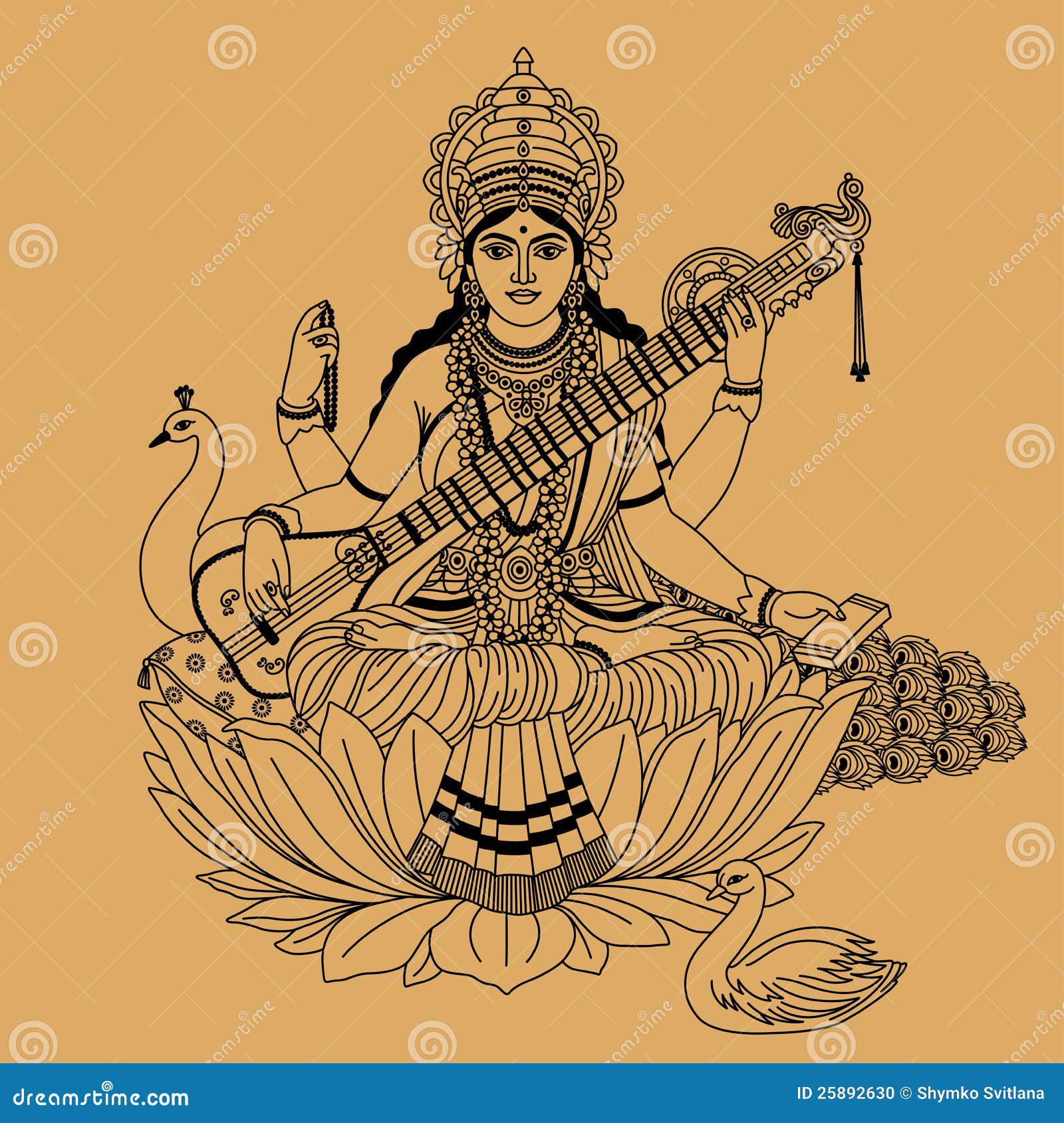 Hindu Goddess `Saraswati` Sitting On Lotus And Playing Musical ...